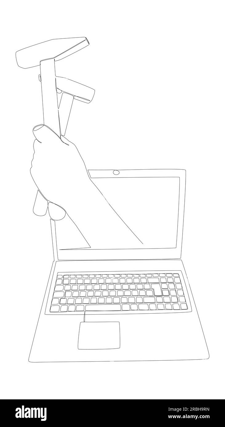 One Continuous Line Of Laptop With Hammer Thin Line Illustration Vector Concept Contour