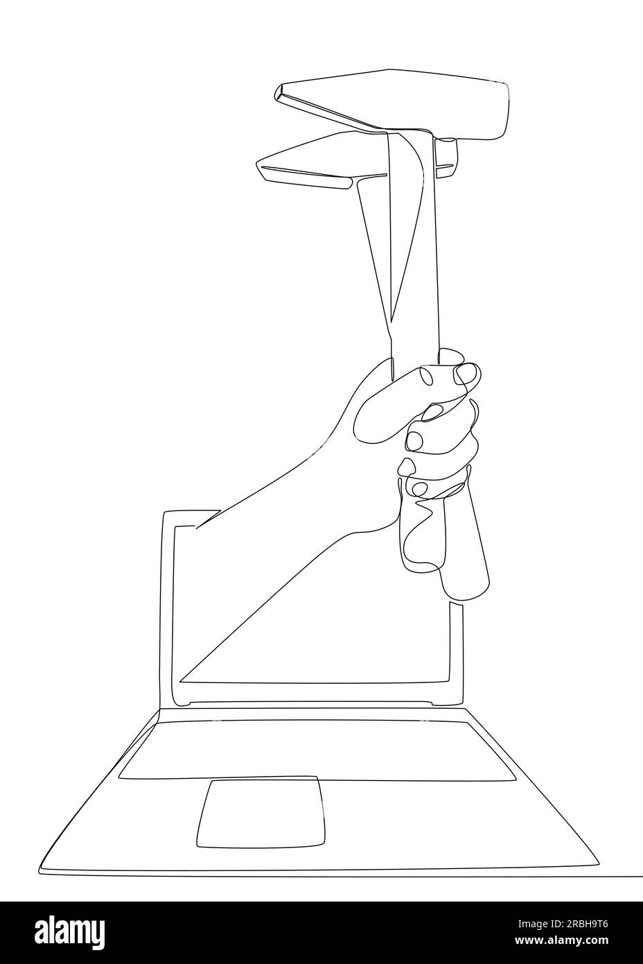 One Continuous Line Of Laptop With Hammer Thin Line Illustration Vector Concept Contour