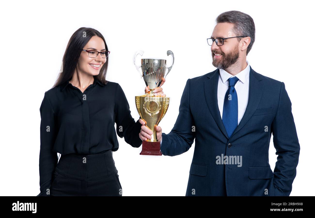 happy partners celebrate business success isolated on white background ...