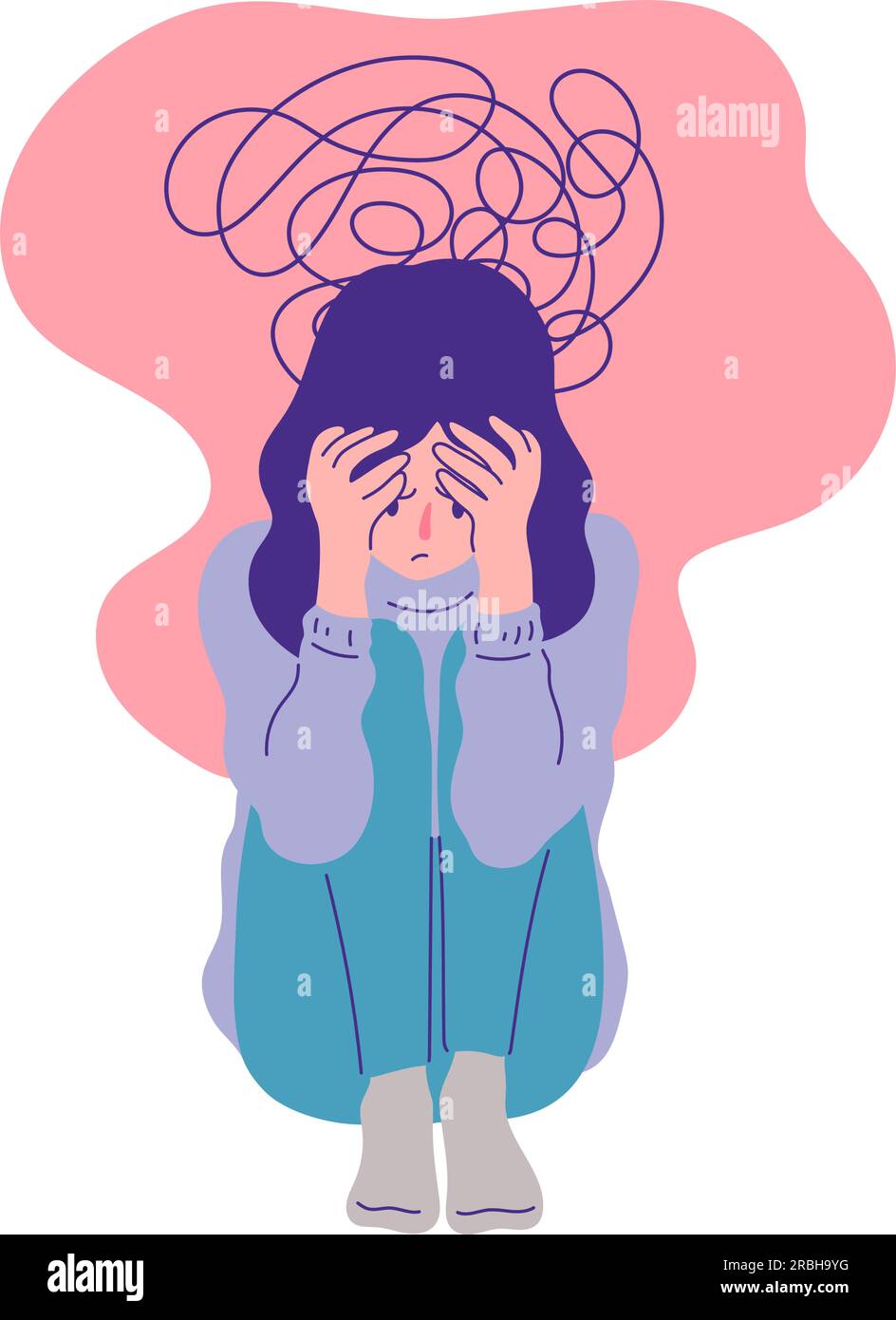 depressed woman sitting face palm pose flat linear illustration. mental ...