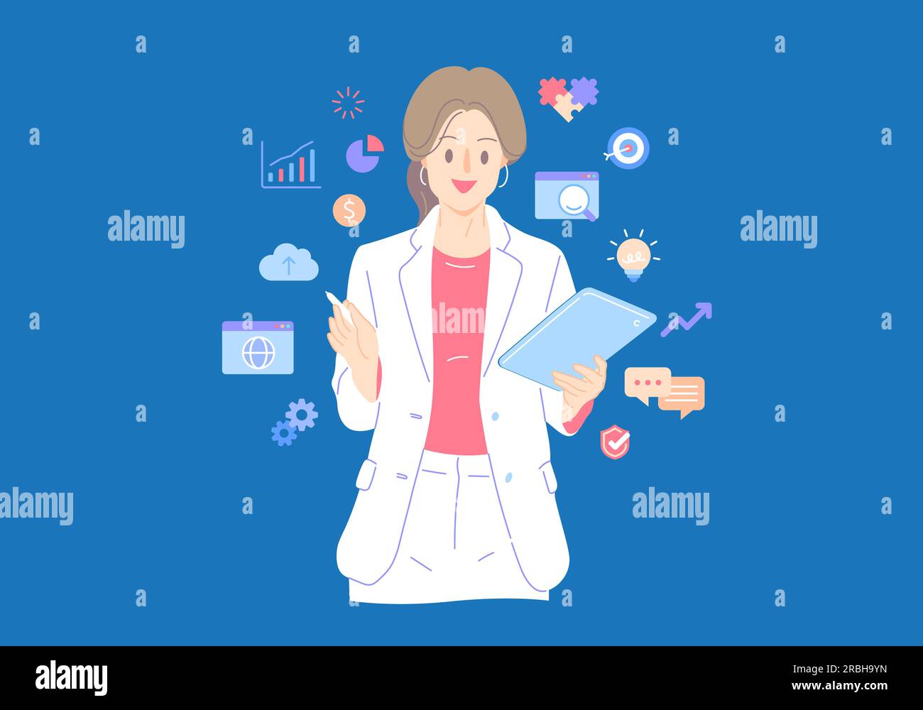 professional business woman presentation,explaining flat illustration and digital marketing ...