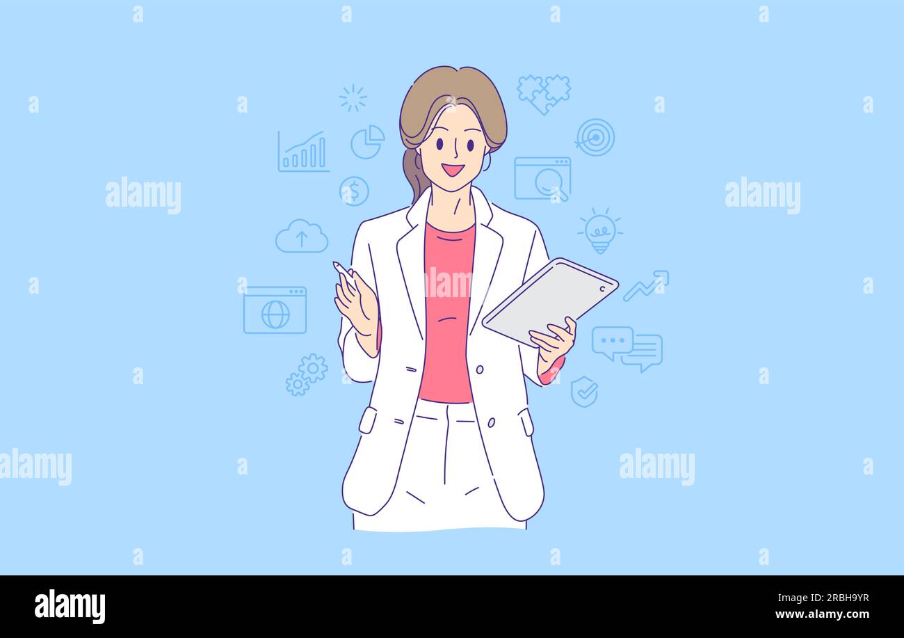 professional business woman presentation,explaining illustration and digital marketing ...
