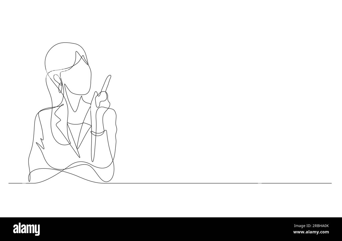 young business woman pointing finger up having an idea in one line ...