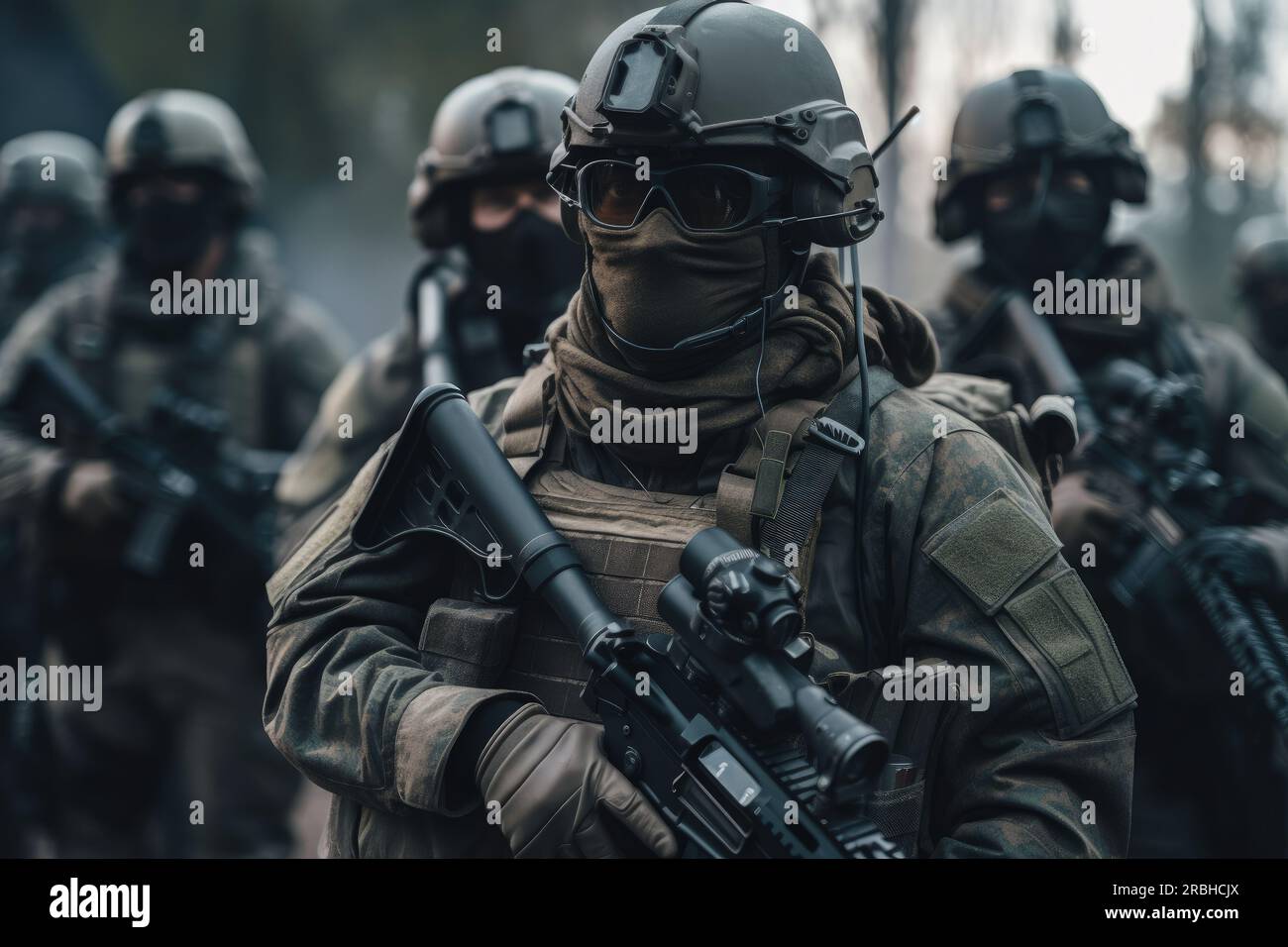 Armed military infantry formation with tactical gear and assault rifles ...