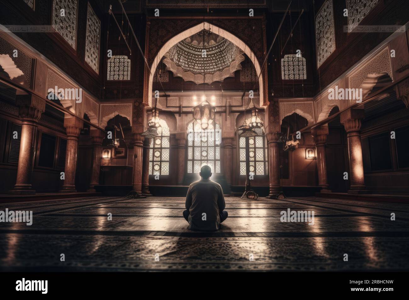 A Muslim man sitting inside a huge Mosque. Islamic architecture and ...