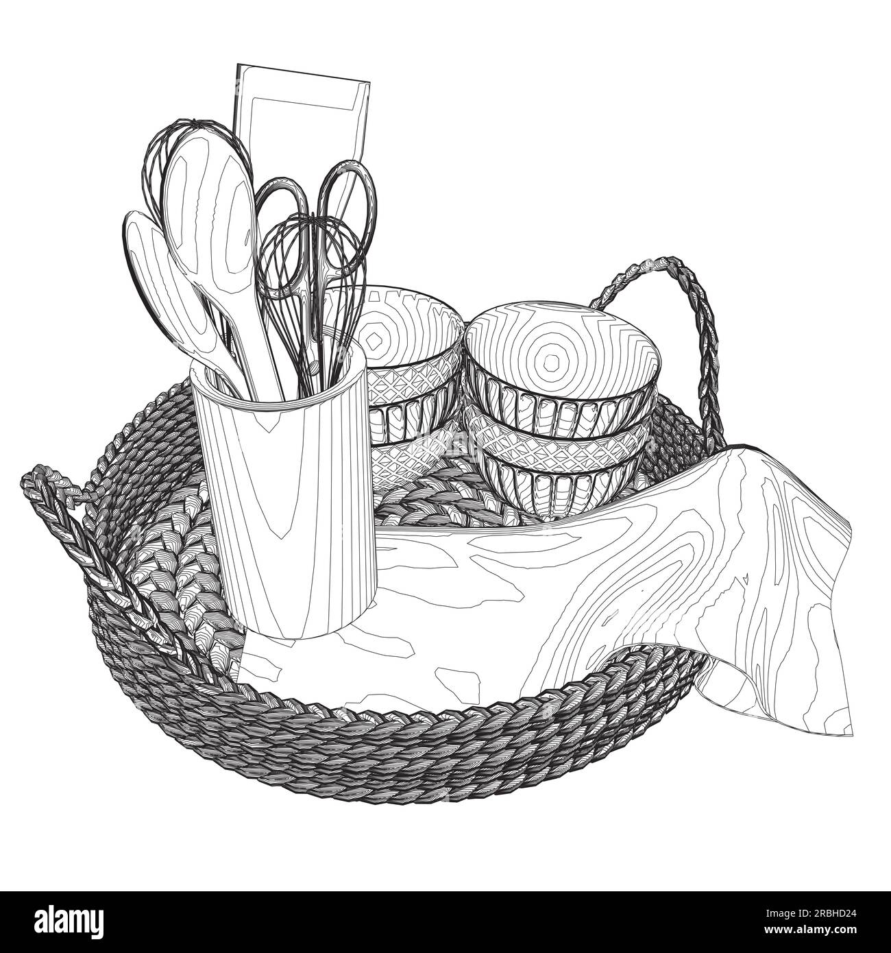 Outline of drawn illustration kitchen tools. Contour of kitchen ...