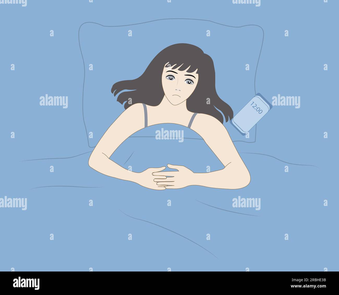 Young sad sleepless girl lying in bed suffering from insomnia and sleep ...