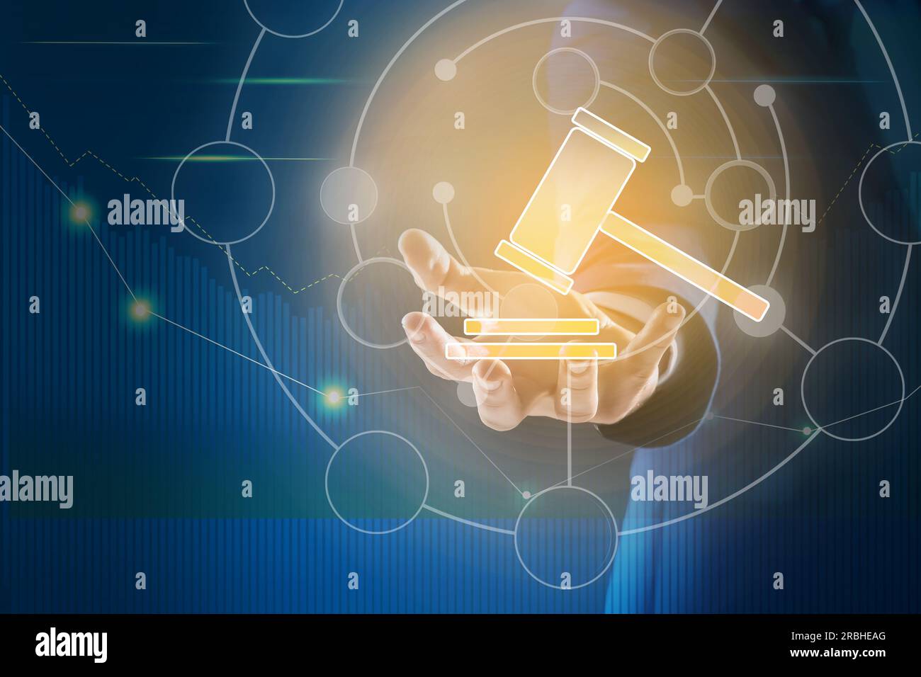 Auction. Man holding glowing illustration of sound block and gavel ...