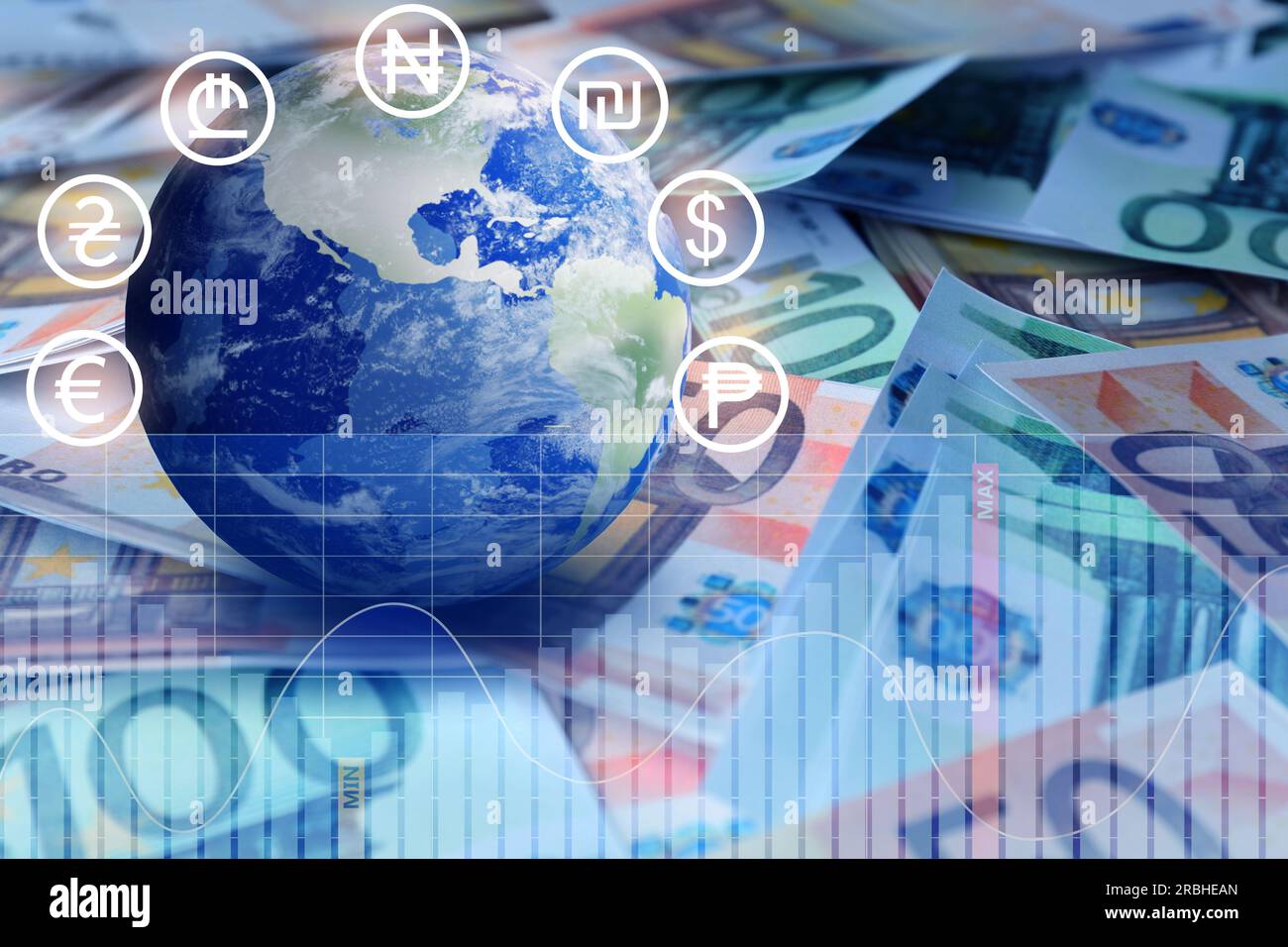 Money exchange. Double exposure with euro banknotes, chart and ...