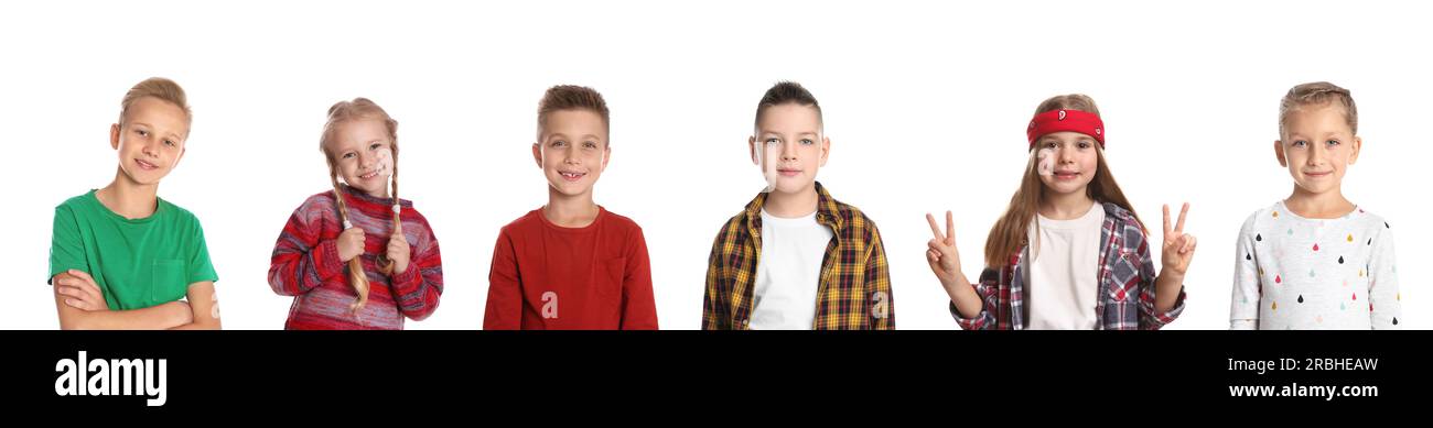 Collage with photos of different cheerful children on white background ...