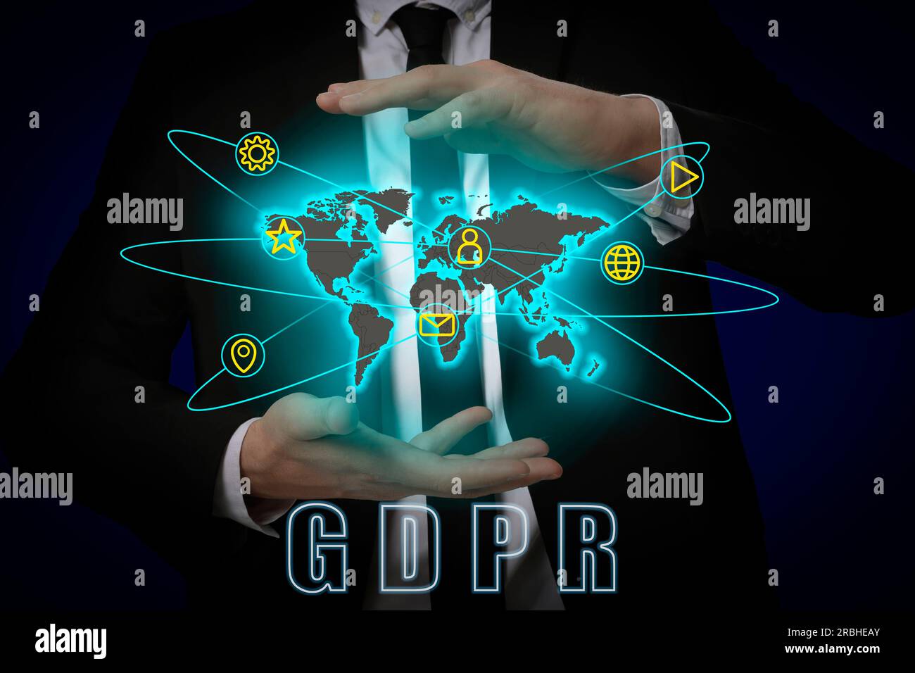 General Data Protection Regulation. Man holding atom symbol with ...