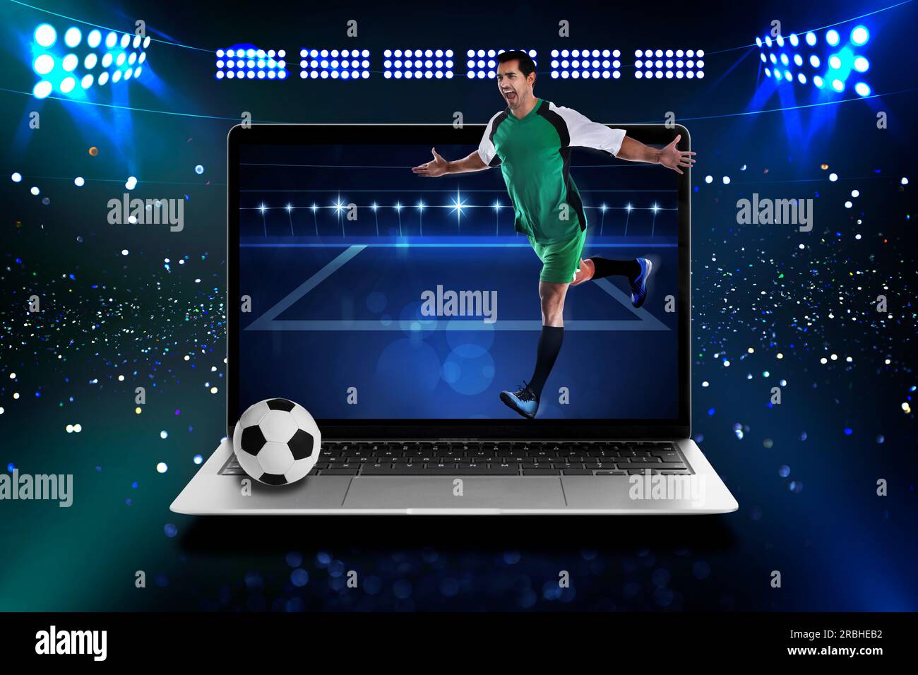 Sports betting. Football player running on laptop to score goal under ...