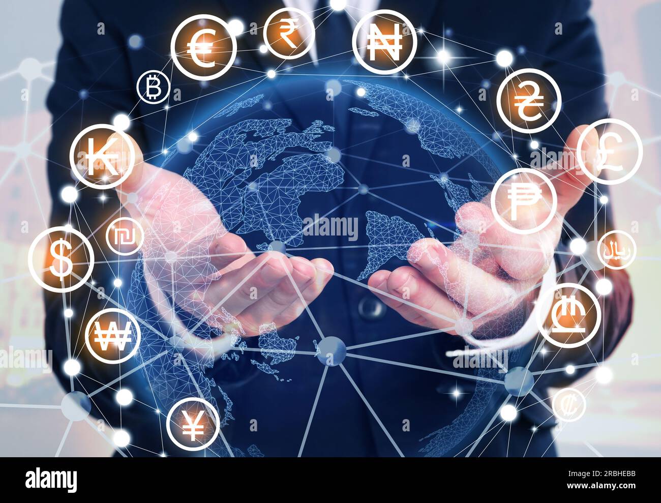 Money exchange. Double exposure with digital planet surrounded by ...