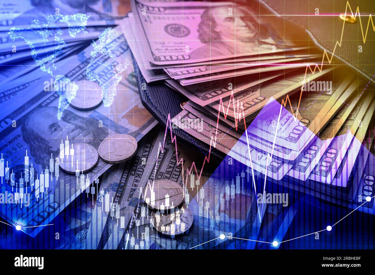 Money exchange. Double exposure with dollar banknotes, coins and graphs ...