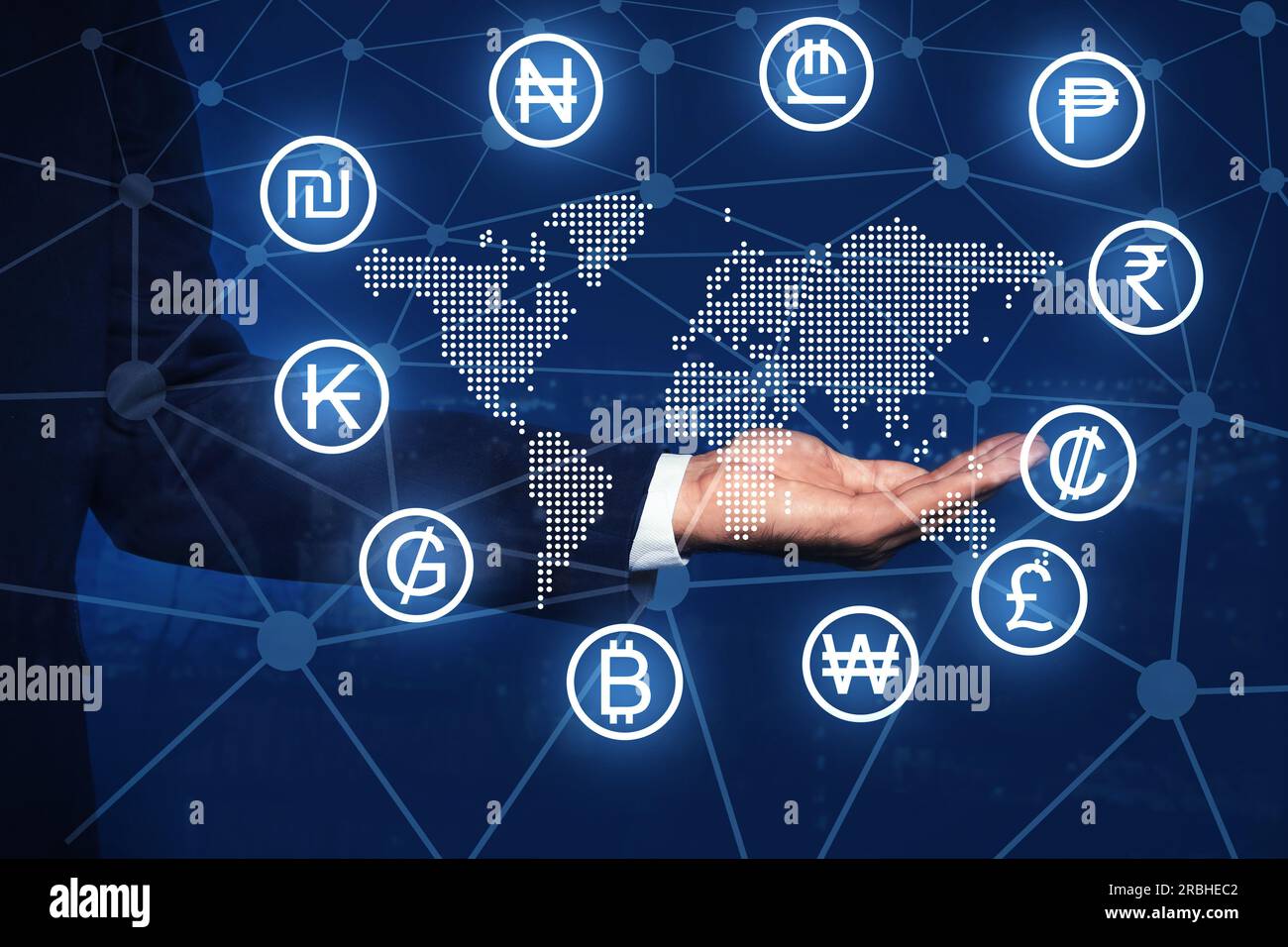 Money exchange. Double exposure with digital world map, different ...