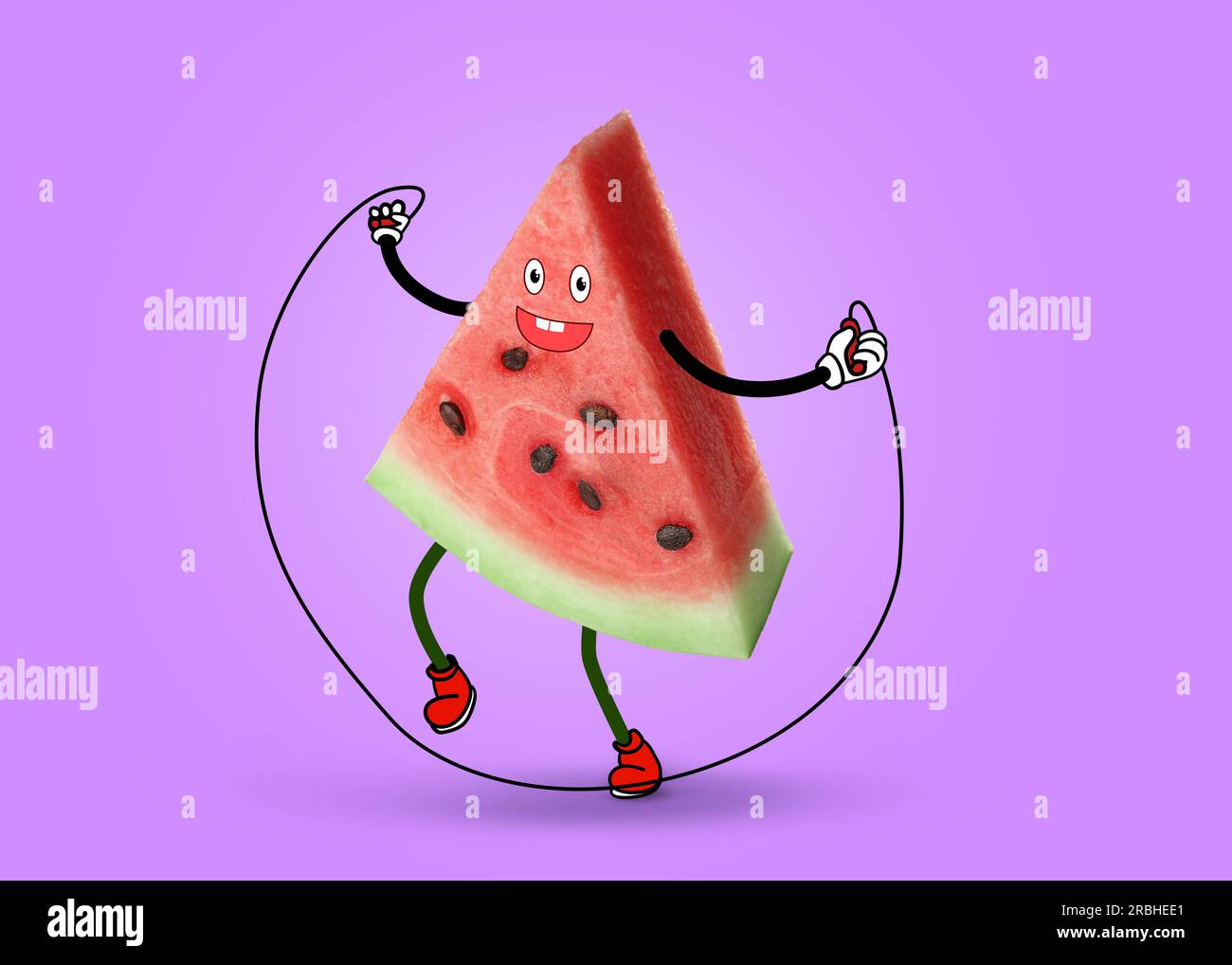 Creative artwork. Happy watermelon jumping rope. Slice of fruit with ...
