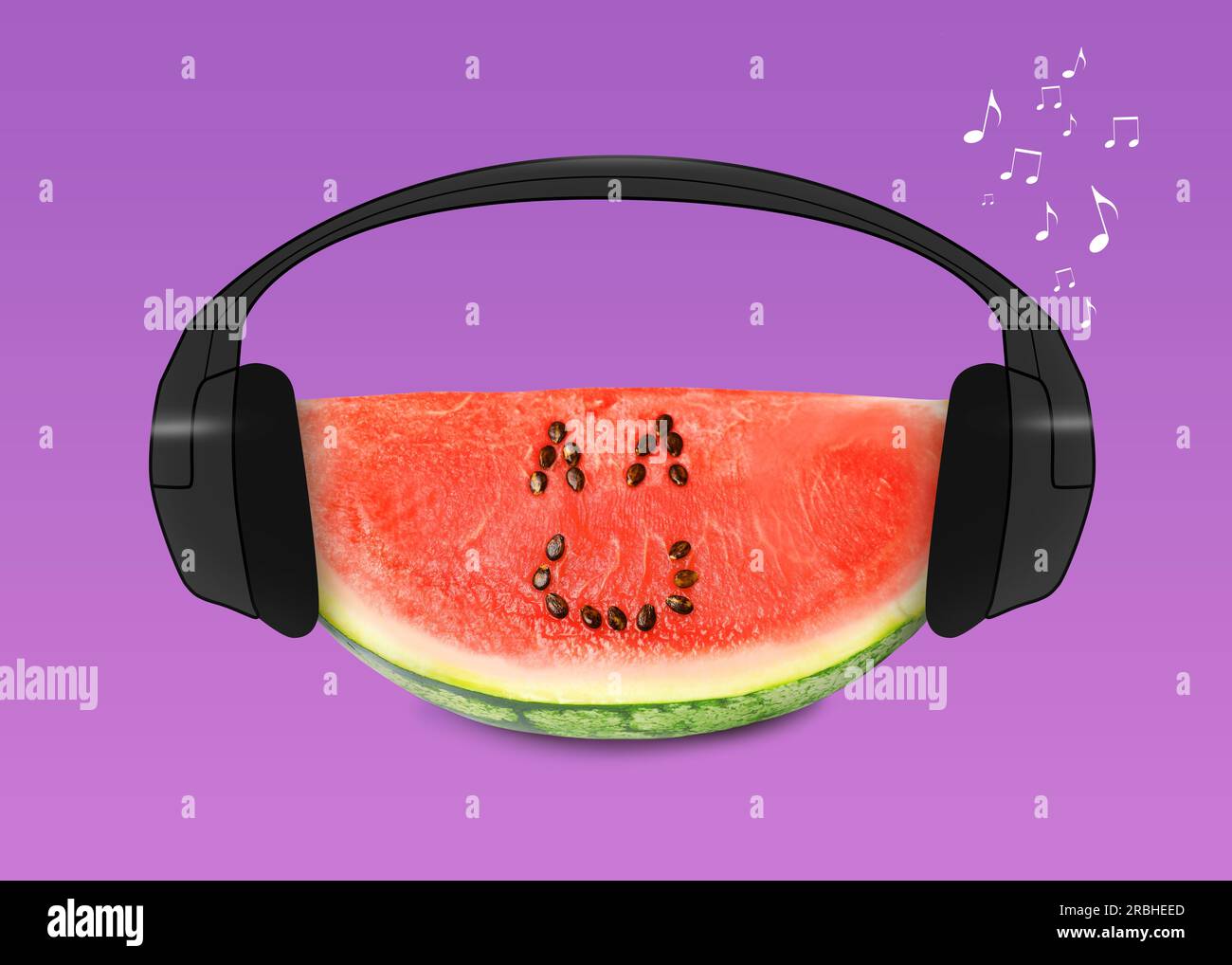 Creative artwork. Watermelon listening to music in headphones on ...