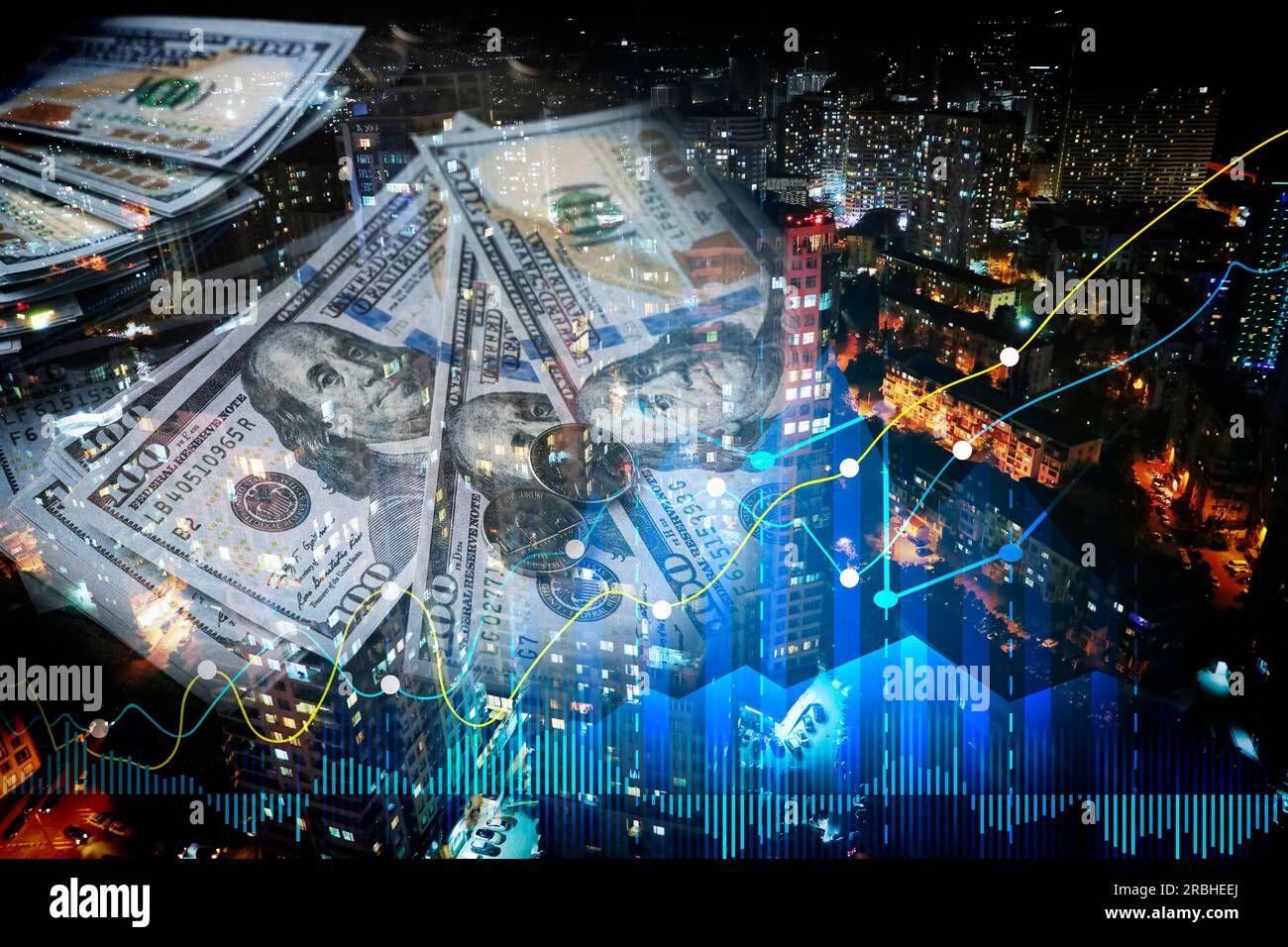 Money exchange. Multiple exposure of dollar banknotes, graphs and night ...