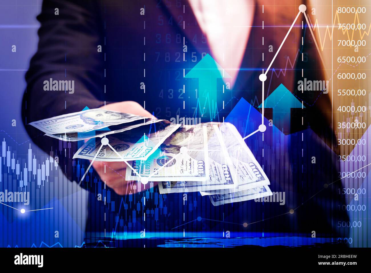 Money exchange. Double exposure with graphs and photo of man holding ...