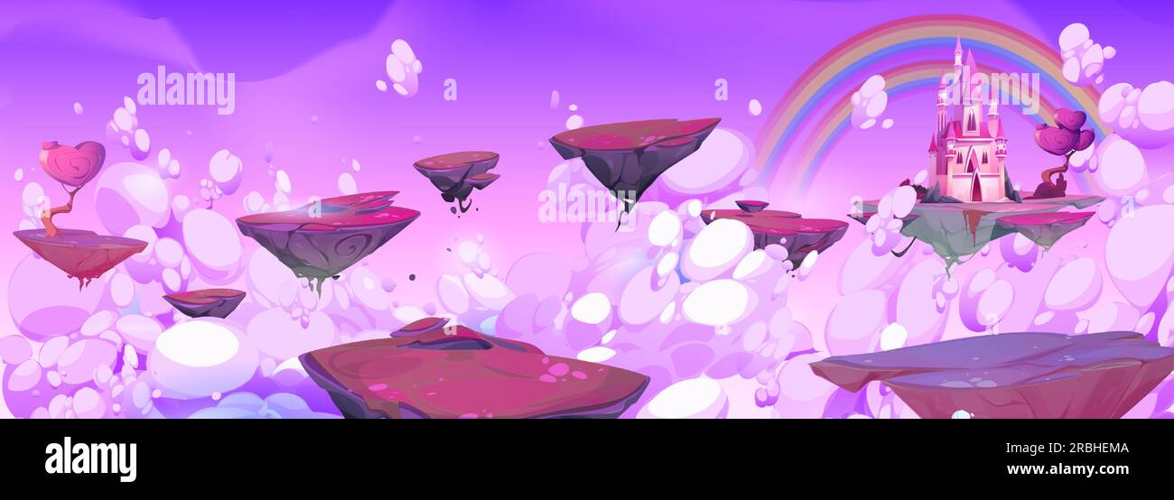 Purple fantasy sky with floating island and magic castle cartoon ...