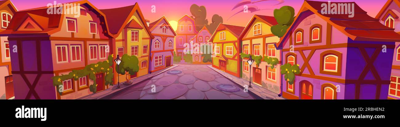 Medieval germany town street with old house at sunset vector. European ...