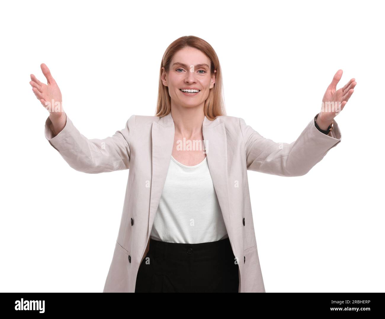 Portrait of beautiful happy businesswoman welcoming on white background ...