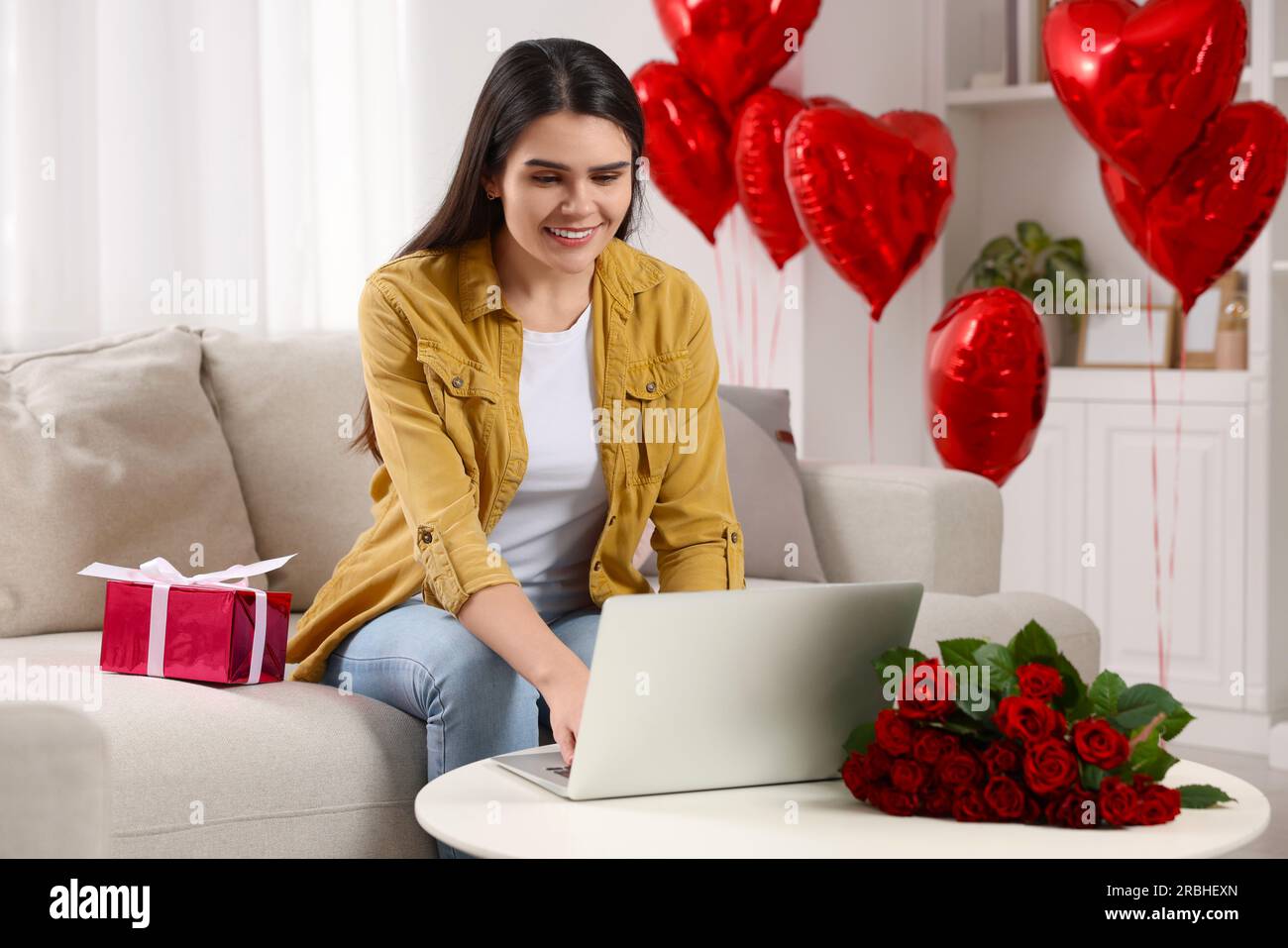 Valentine's day celebration in long distance relationship. Woman ...