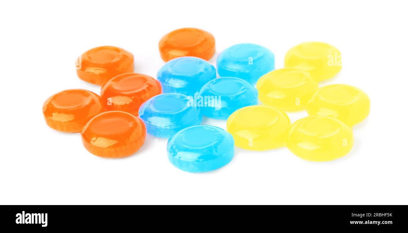Many different colorful cough drops on white background Stock Photo - Alamy