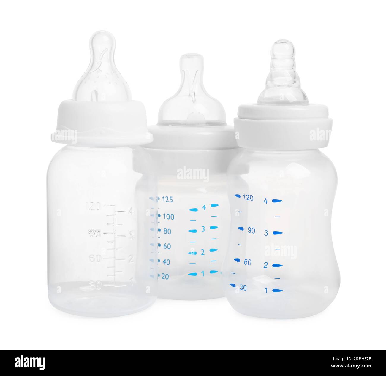 Three empty feeding bottles for infant formula on white background ...