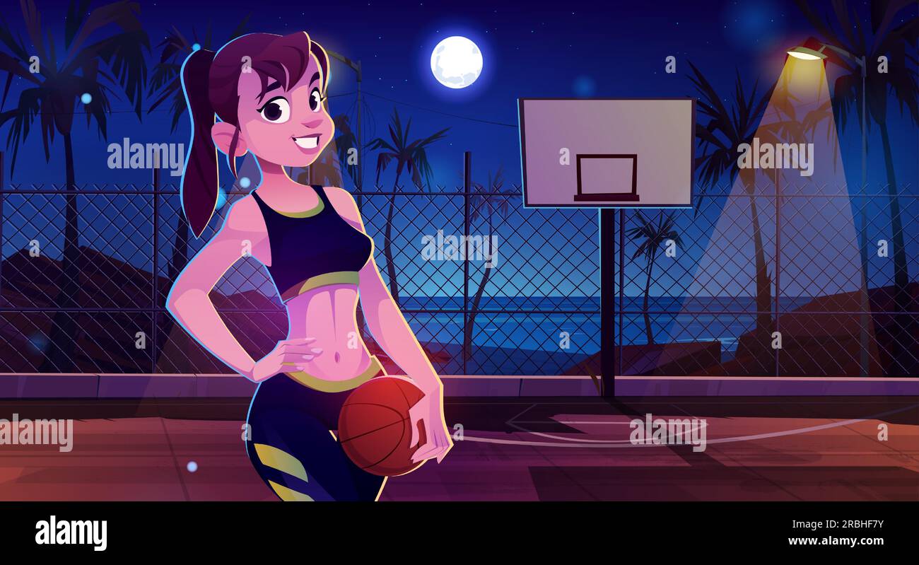 Girl on basketball court at night vector background. Female player on ...