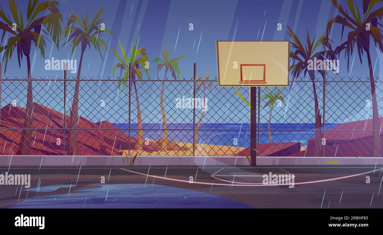 Rain on street basketball court near sea beach vector background ...