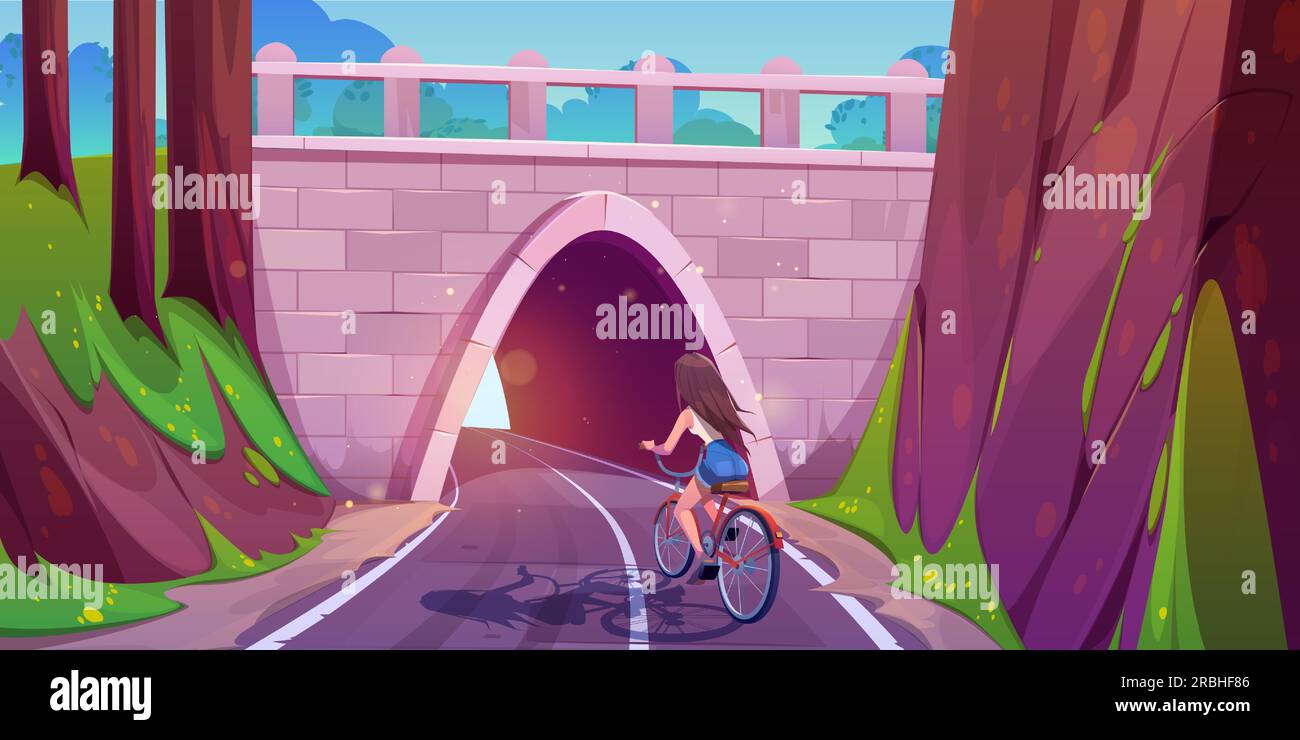 Girl ride bicycle on tunnel entrance road cartoon. Mountain freeway ...