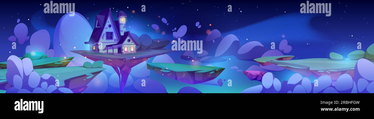 Magic path to house on fantasy floating platform in sky landscape ...