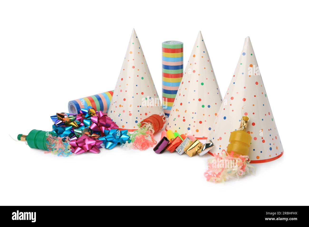 Party crackers and different festive items on white background Stock ...