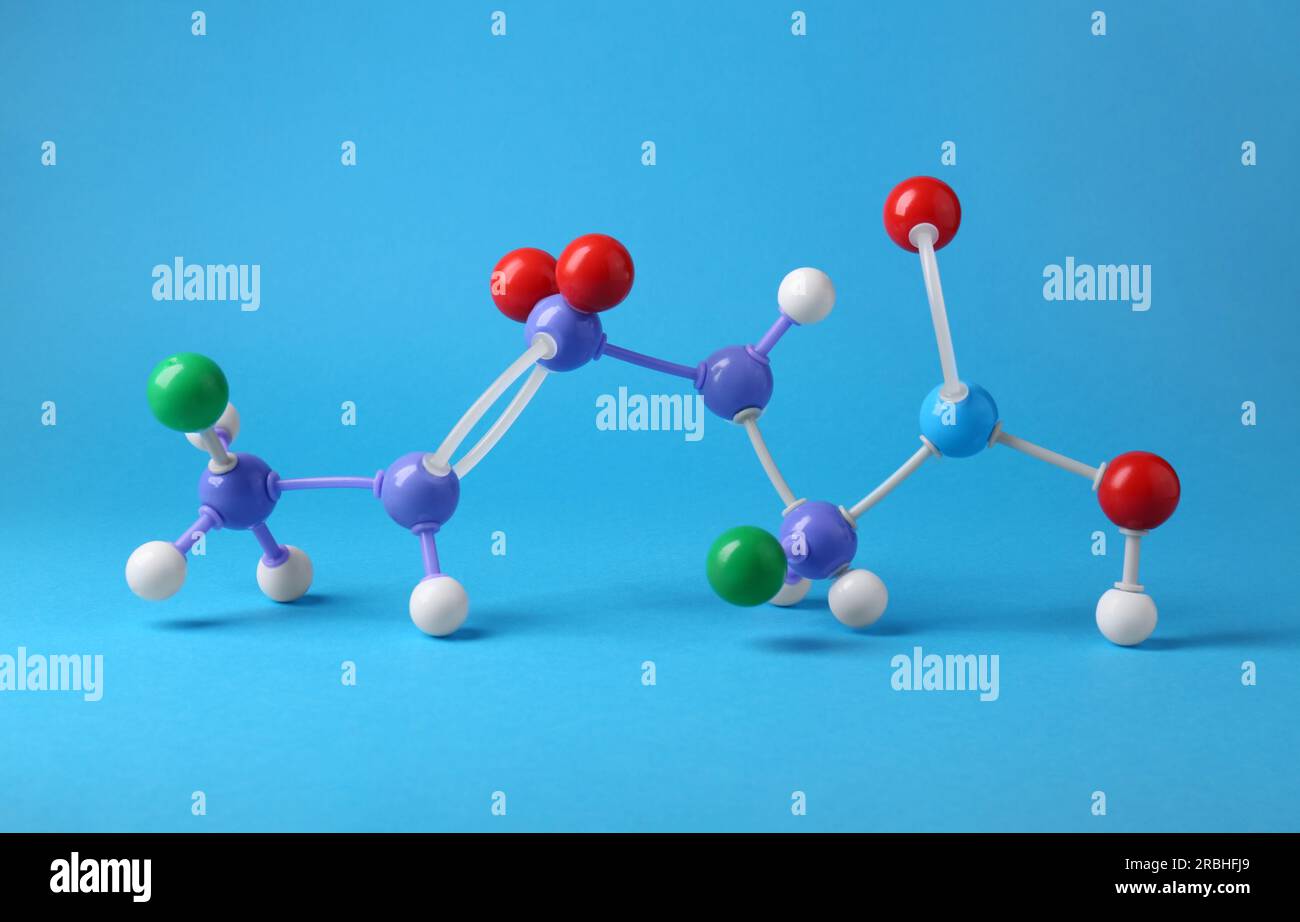 Structure of molecule on light blue background. Chemical model Stock ...