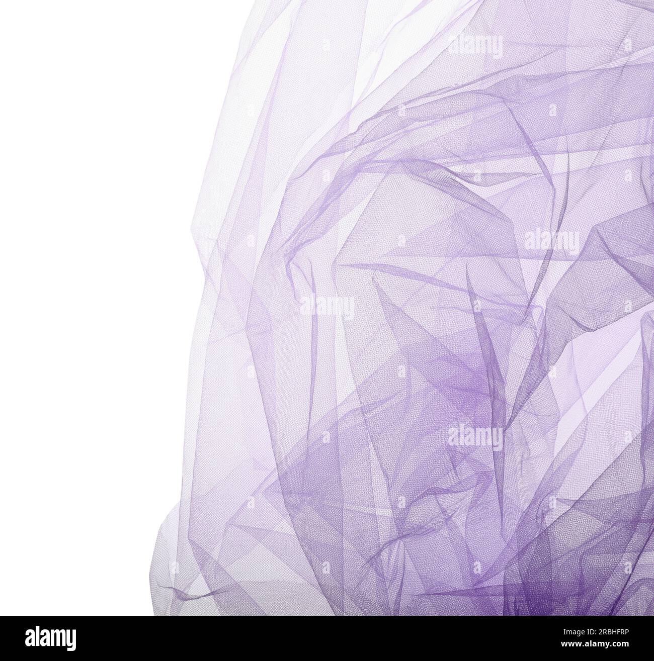 Beautiful purple tulle fabric on white background, top view. Space for ...