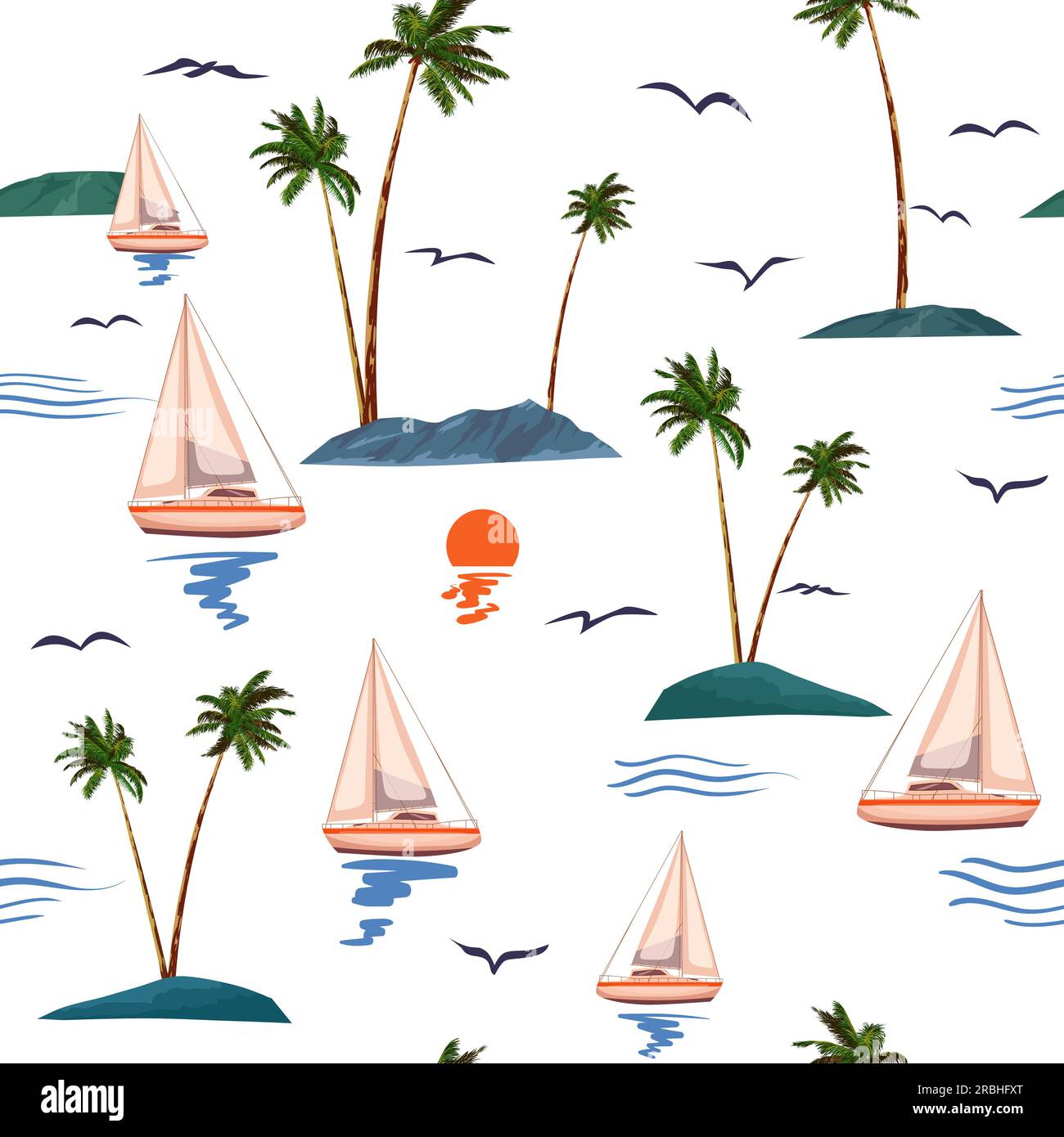 Tropical island, sailboat, sunset, palms seamless pattern, vector ...