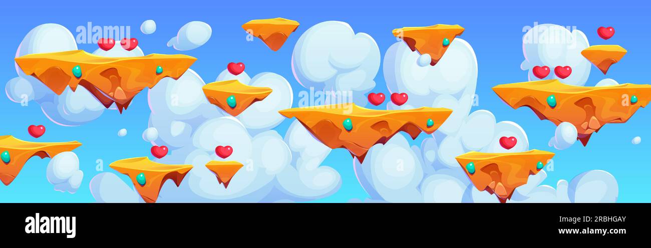 Sky with cloud and floating island game background. Cartoon blue heaven ...