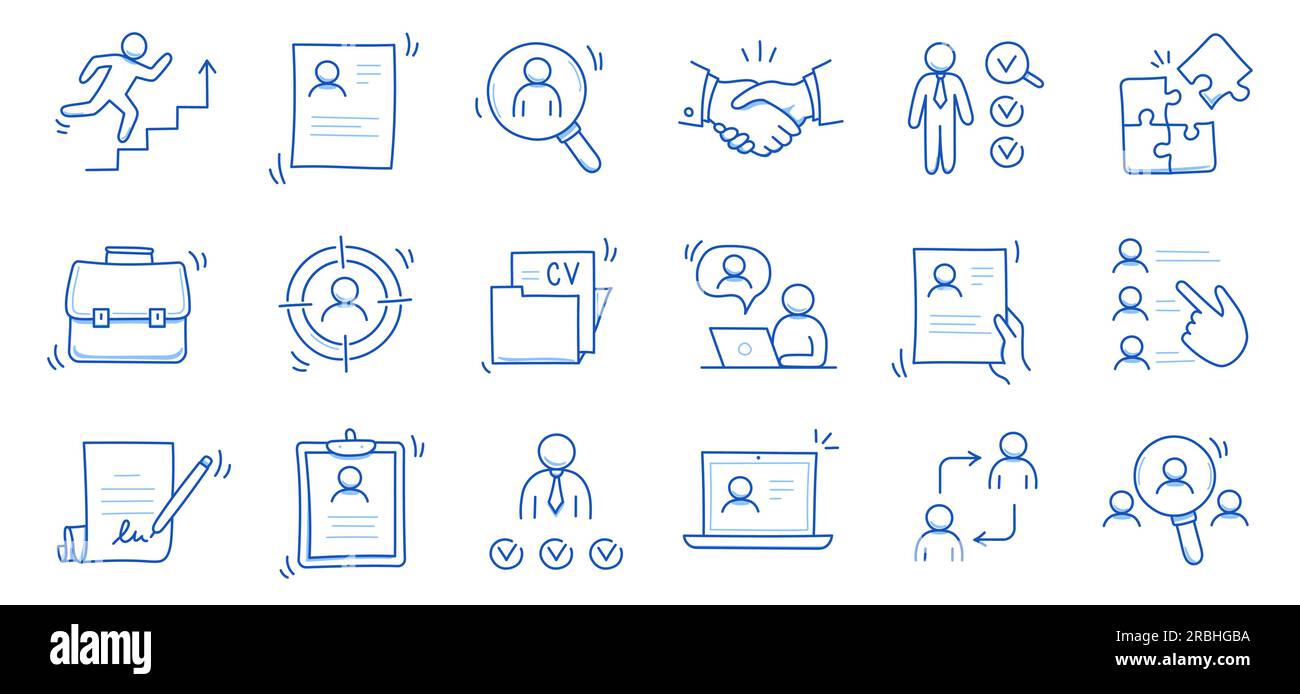 Doodle line icon set work, business job search. Doodle sketch hand ...