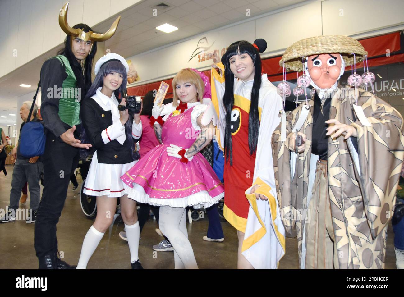 Visitors dressed in anime character costumes pose for a photo during ...