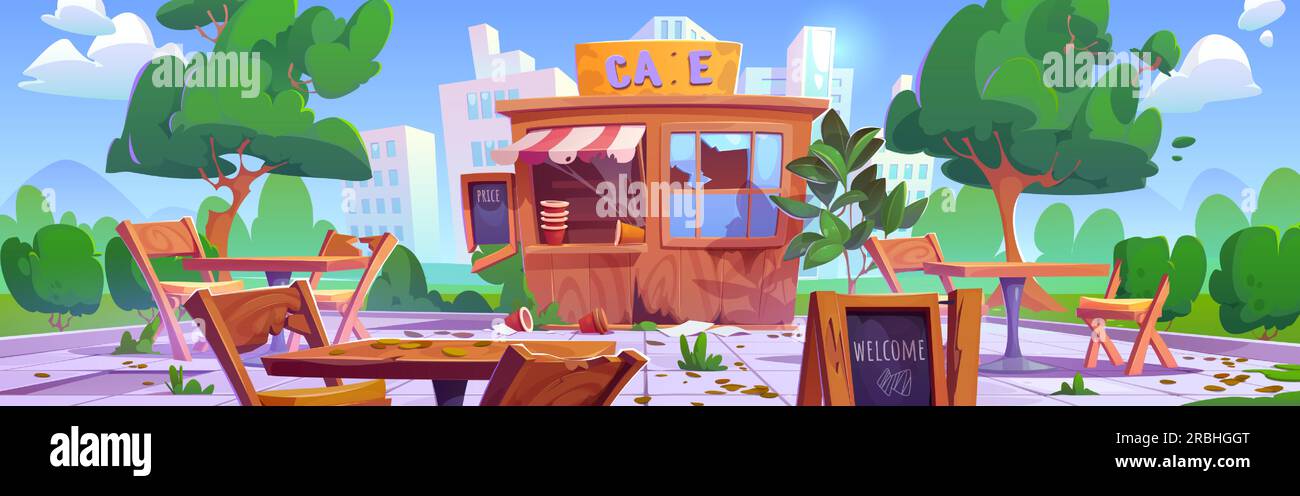 Abandoned cafe, cafeteria or street restaurant with dirty broken ...