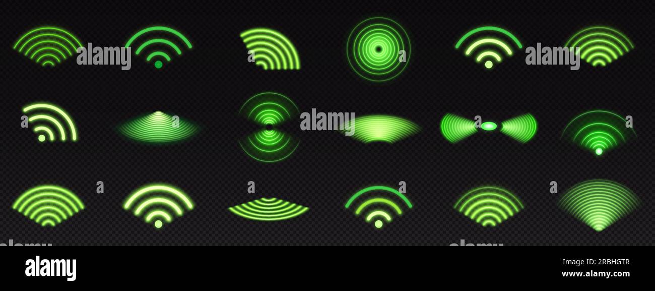 Realistic set of green radio wave signal signs isolated on transparent ...