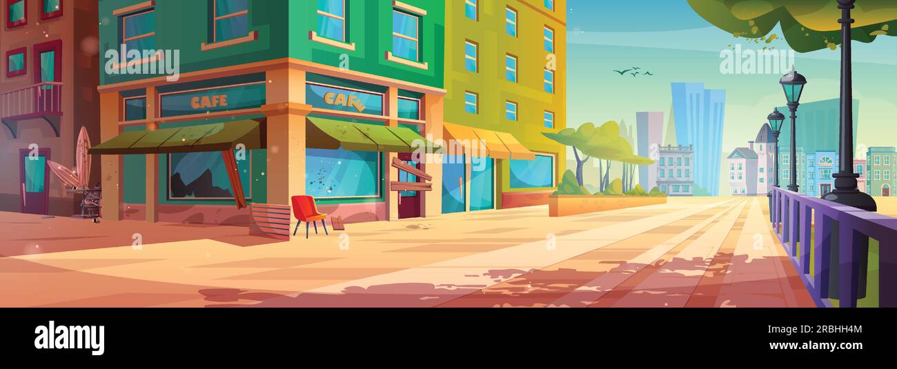 Abandoned outdoor street cafe exterior cartoon illustration. Summer ...