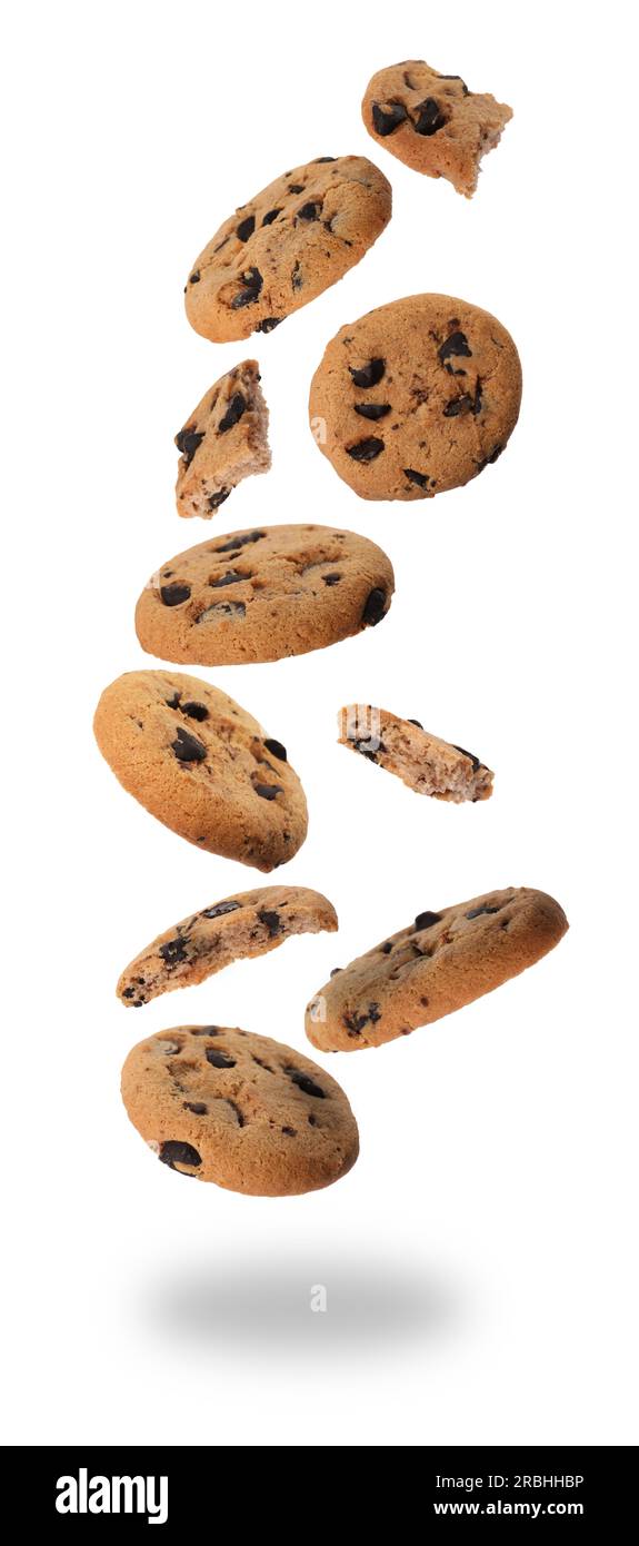 Delicious chocolate chip cookies falling on white background Stock ...
