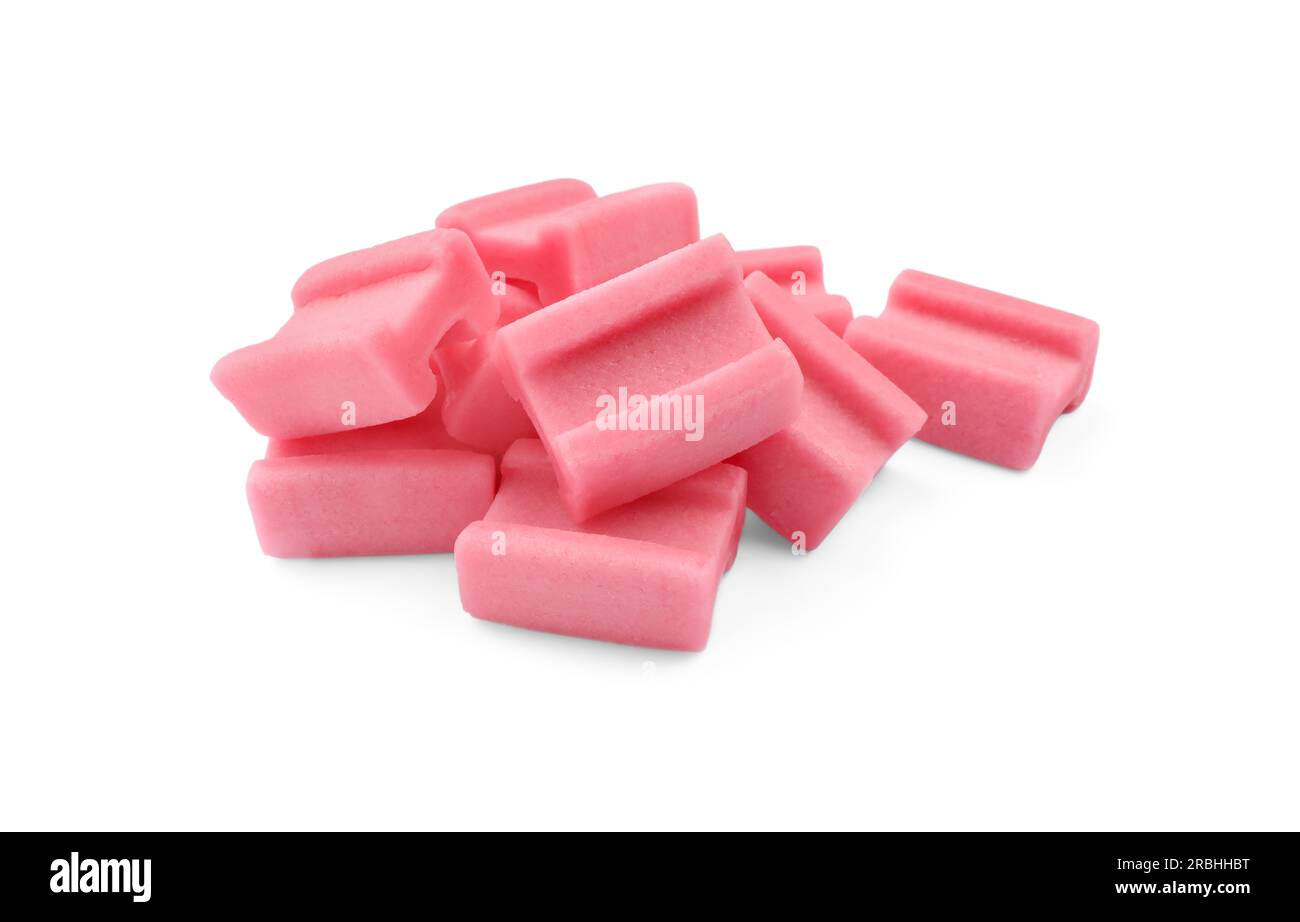 Pile of tasty pink chewing gums on white background Stock Photo - Alamy