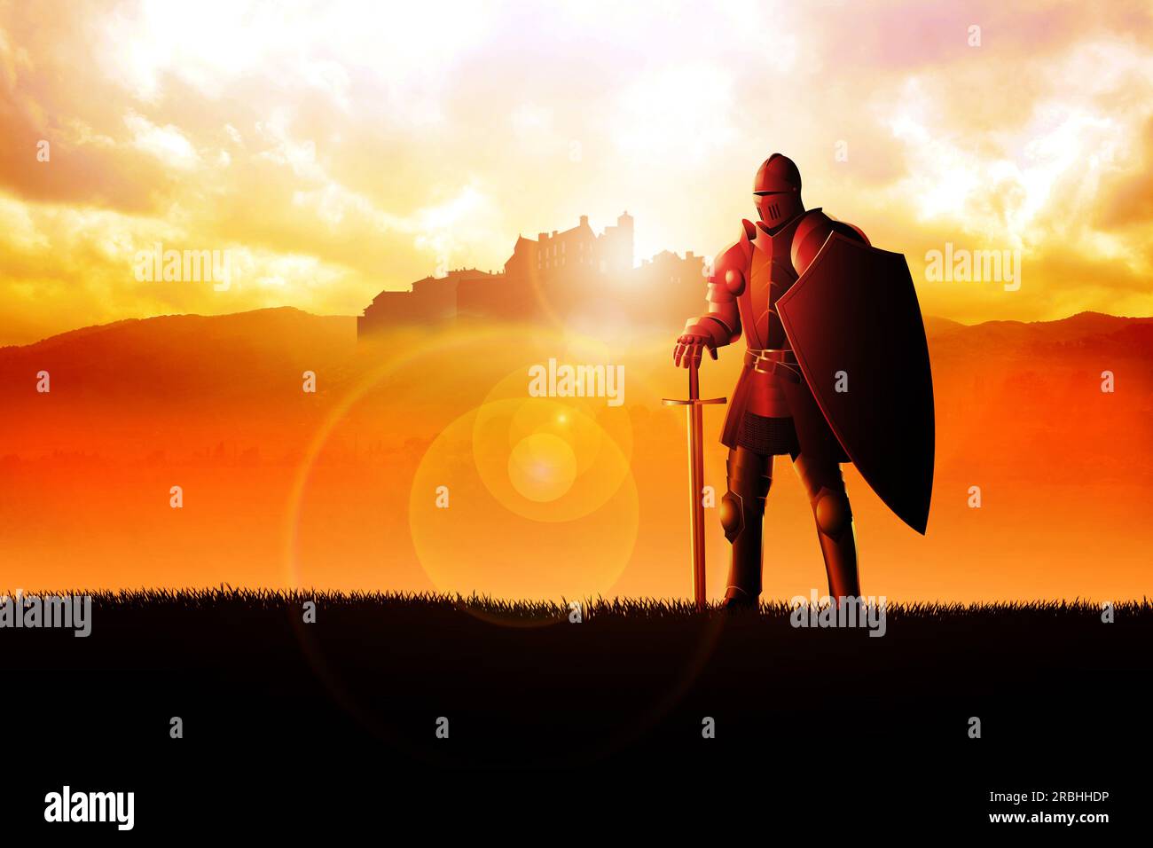A knight standing on grass field on dramatic scenery Stock Photo - Alamy