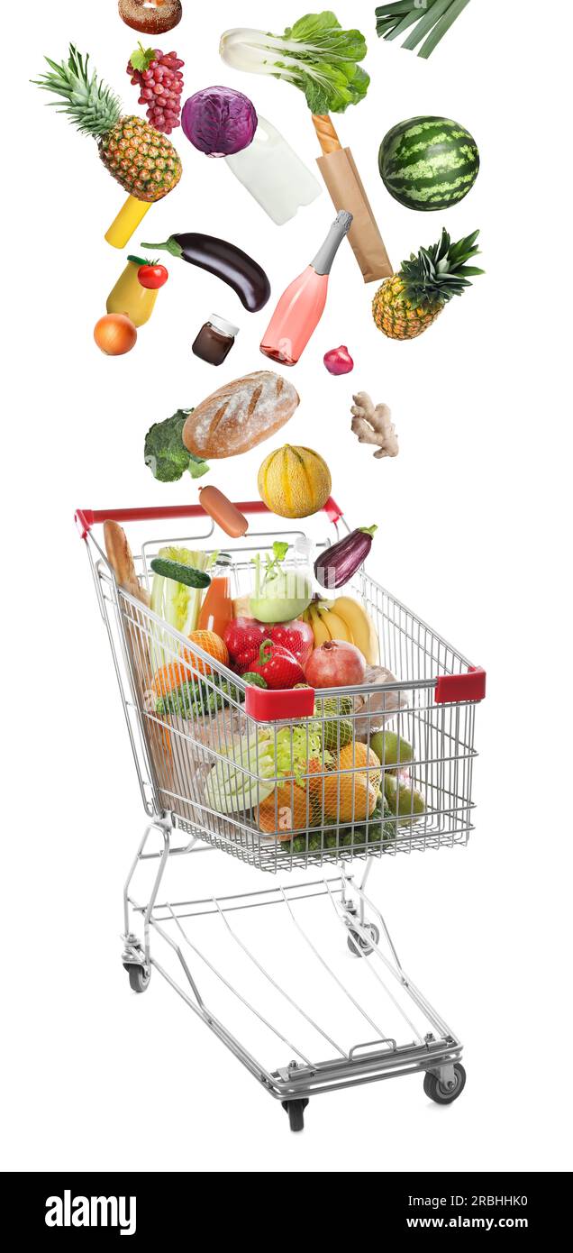 Market assortment. Different products falling into shopping cart on ...
