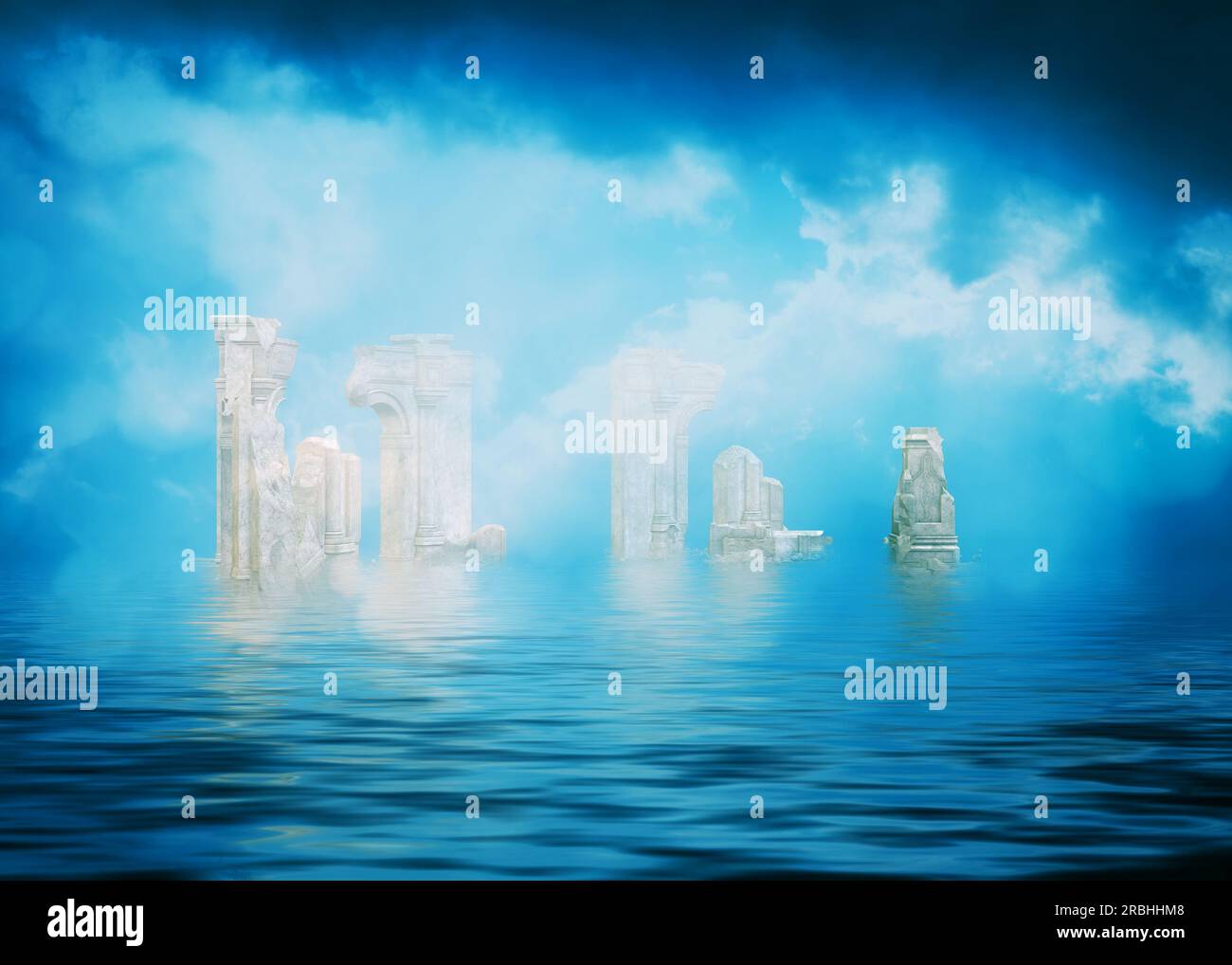 Fantasy seascape with drowned ancient ruins, 3D Illustration Stock ...