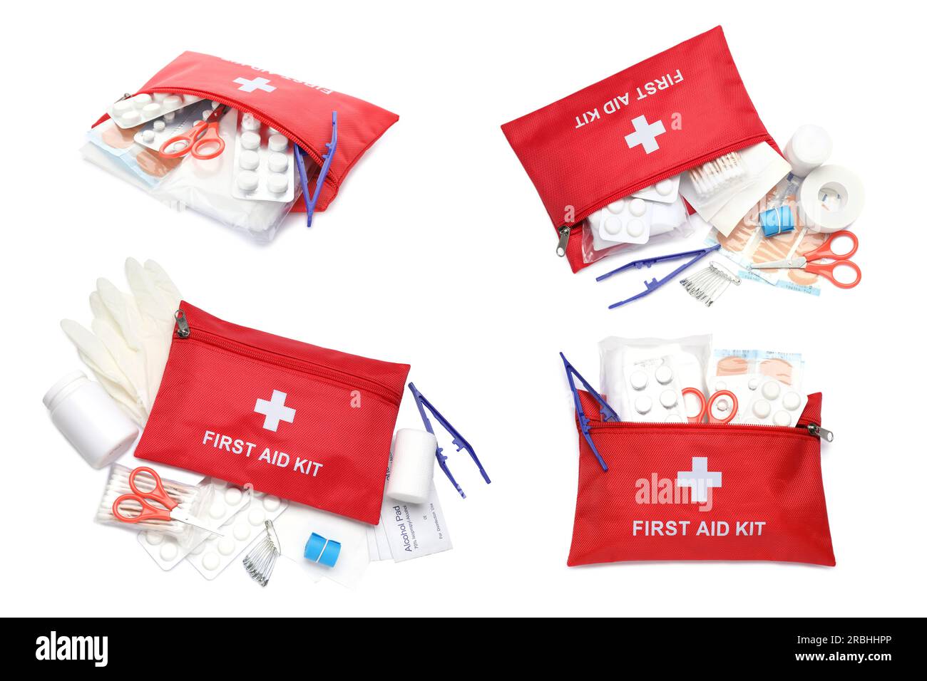 Collage with first aid kit on white background, top and side views ...