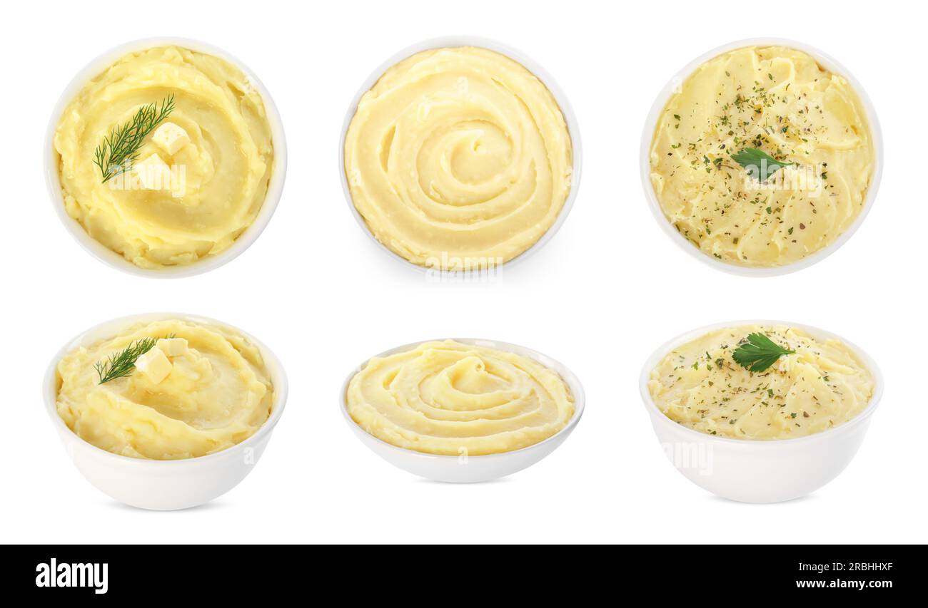 Collage with mashed potato in bowls on white background, top and side ...
